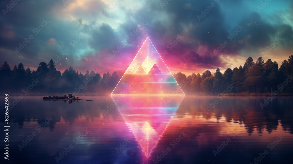 Surreal landscape with triangle pyramid concept poster. Abstract ...