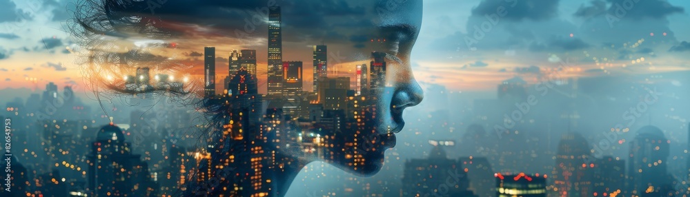 Skyscrapers disintegrating with sad people close up, focus on, copy ...