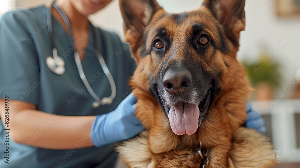 The photo shows a German Shepherd being examined by a veterinarian ...