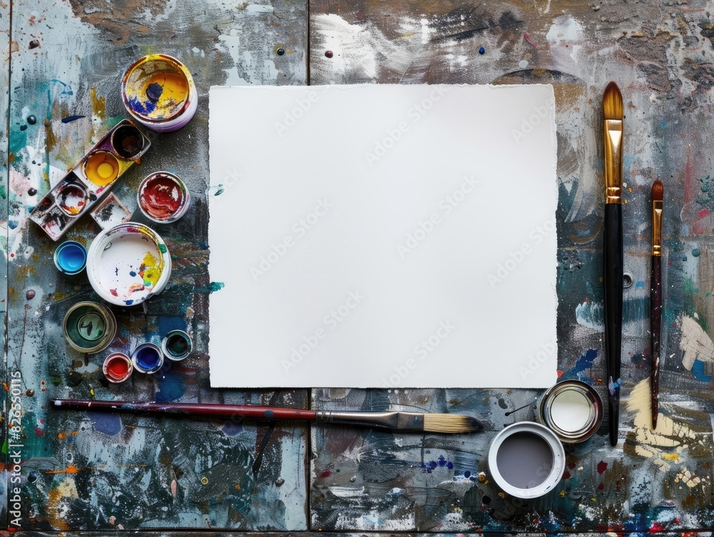 Top view of an artist's table with watercolor paints, brushes, and a ...