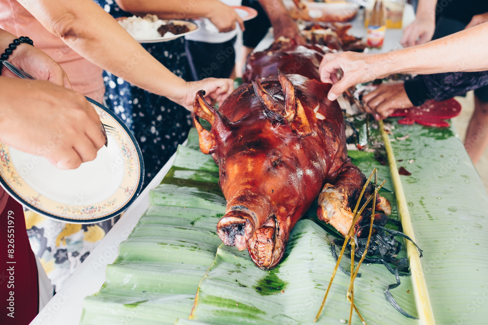 Foto de Hands getting a piece of the crispy skin of the popular and ...