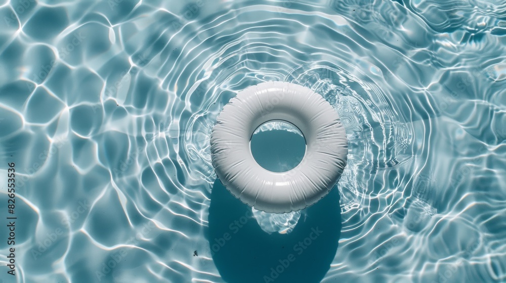Water in the pool, yellow inflatable plastic swim ring floating on ...