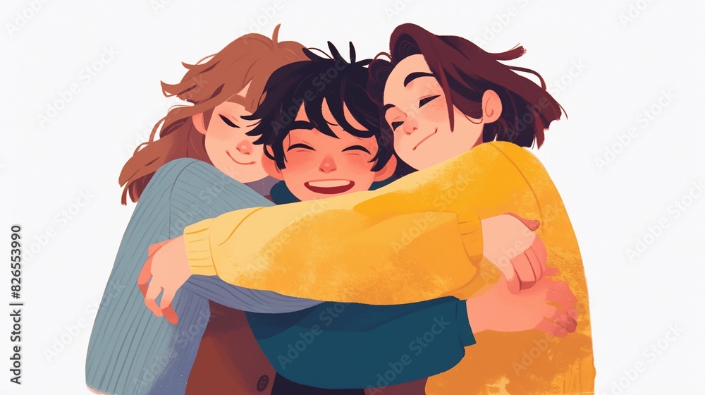 Photo & Art Print illustration of three people hugging to celebrate ...