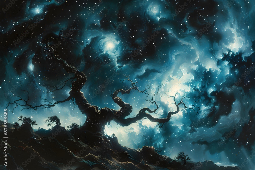 Mystical Starry Sky and Majestic Twisted Tree with Cosmic Clouds ...