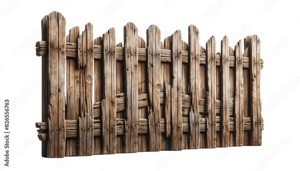 An old, weathered wooden fence on a transparent background. The fence ...