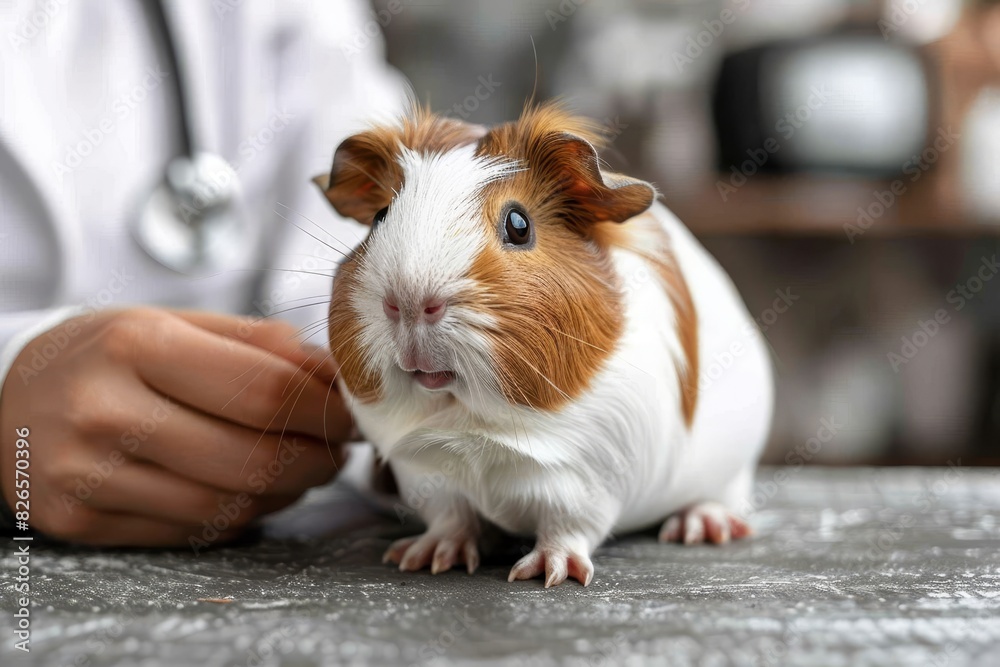 A guinea pig being examined at the veterinarian office, with a ...