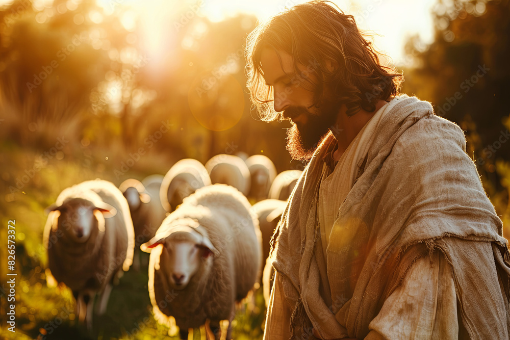 Jesus Christ leading sheep and praying in a field with bright sunlight ...