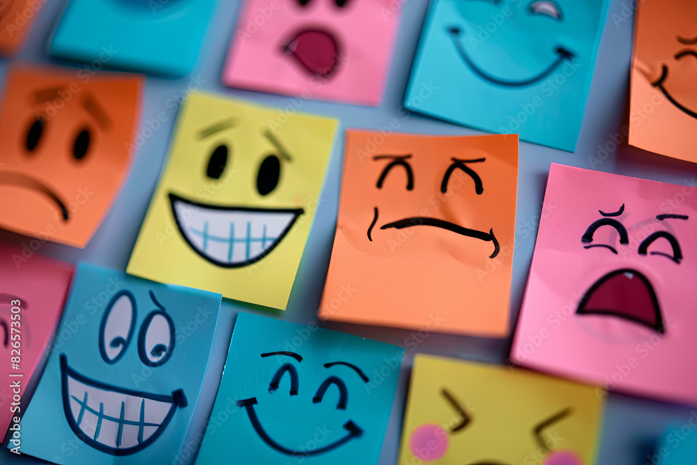 Various moods and emotions represented by cartoon faces on sticky notes ...