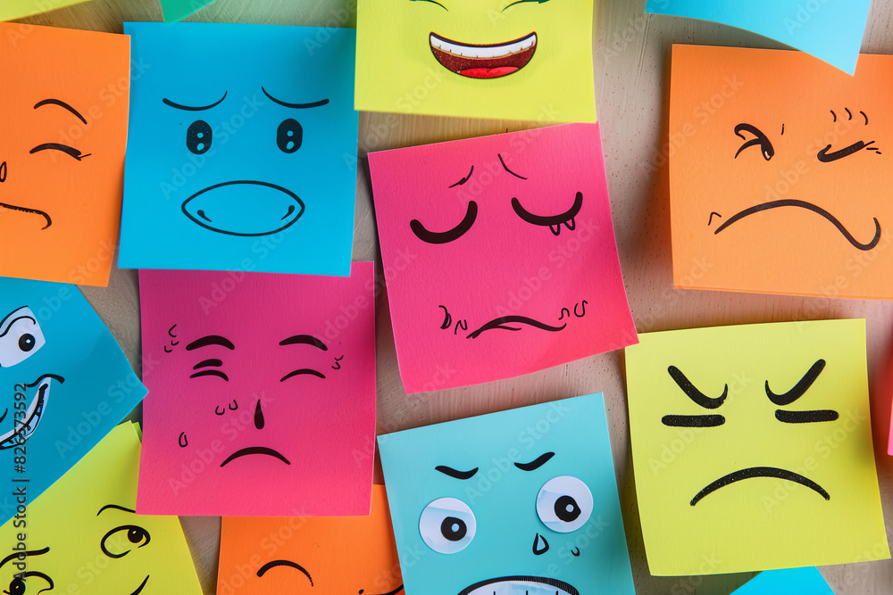 Various moods and emotions represented by cartoon faces on sticky notes ...