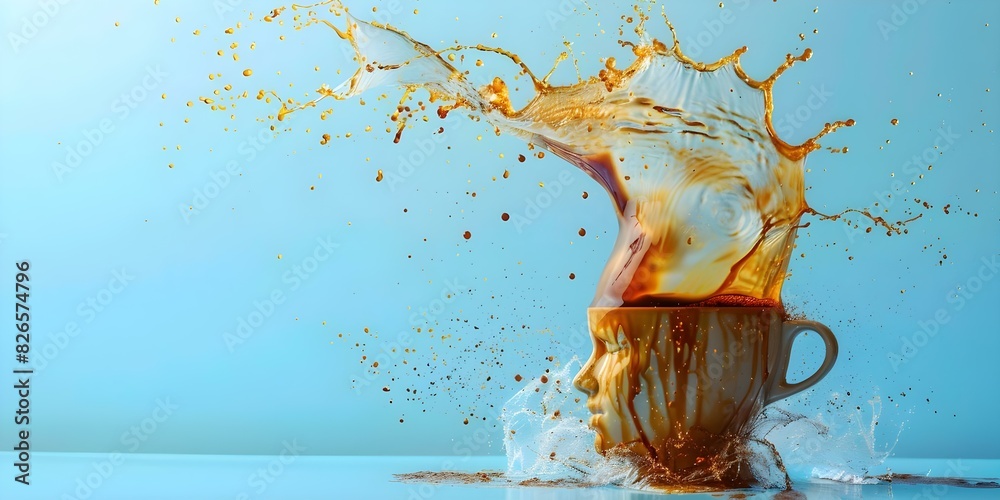 Coffee cup splashing into human head shape on blue background ...