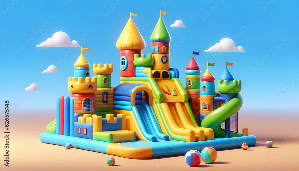 3D Illustration: Cheerful Inflatable Bounce House with Colorful Slides ...