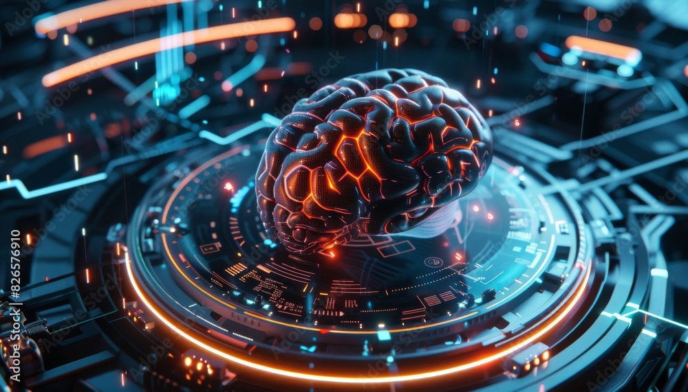 Illustrate a futuristic brain-computer interface device with intricate ...