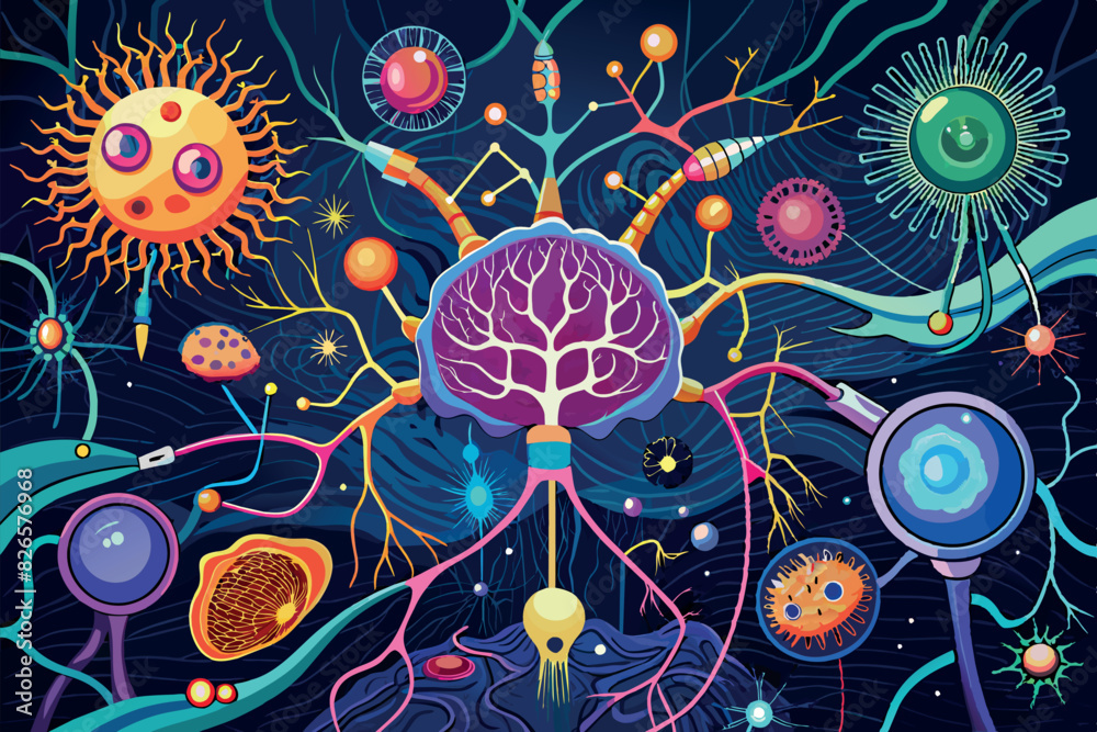 It depicts a colorful and stylized representation of the brain with ...