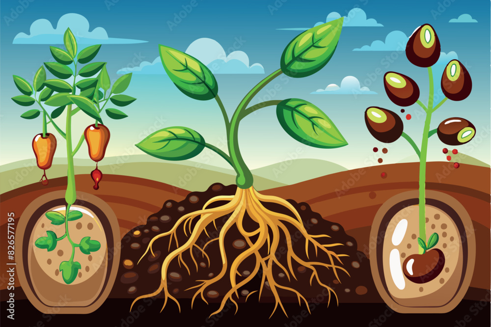 Three stages of plant growth, showing the development from seed to ...