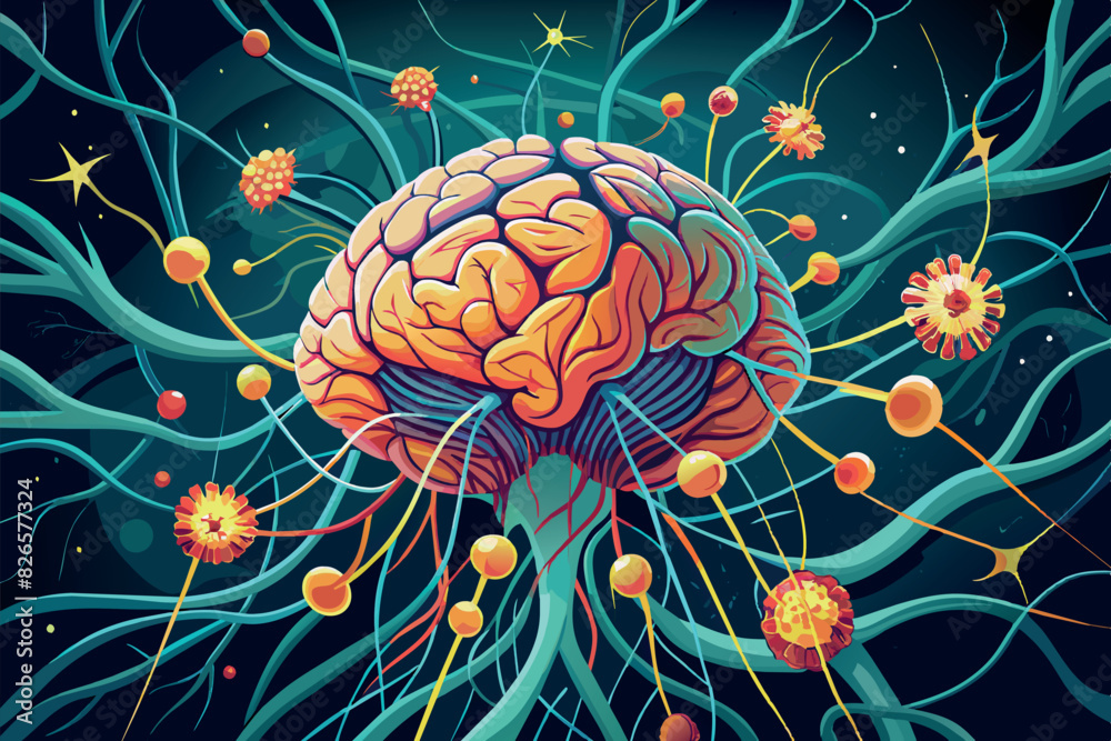 The human brain with its surrounding neurons and synapses. It is ...