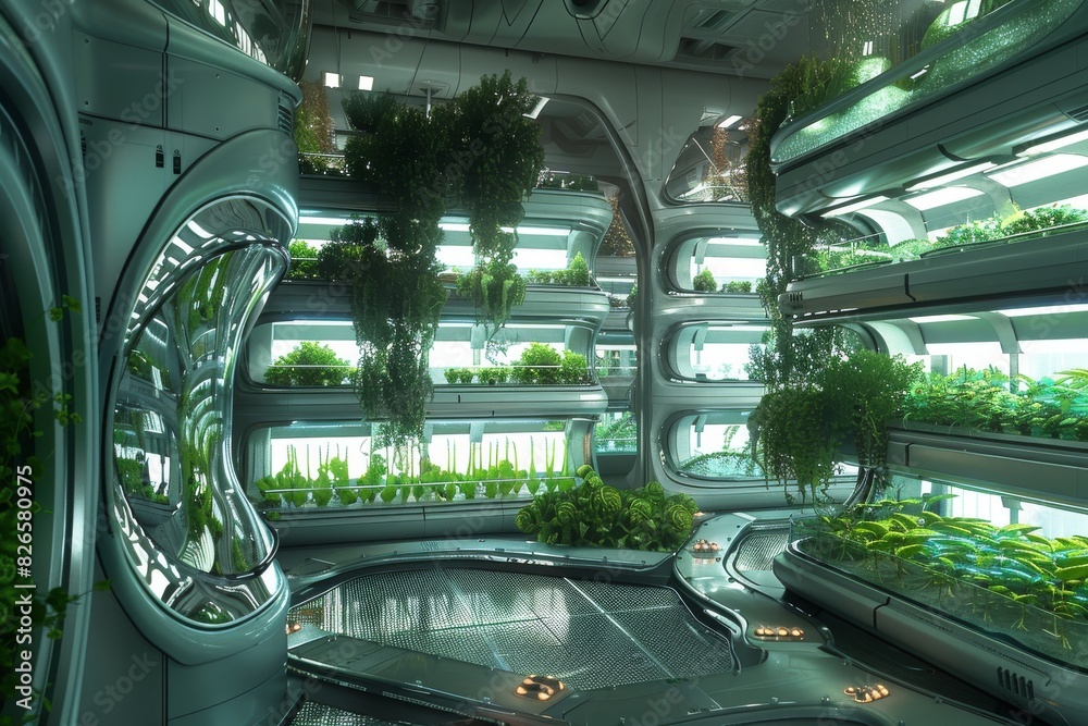 Craft a detailed 3D rendering of a futuristic vertical farming setup ...