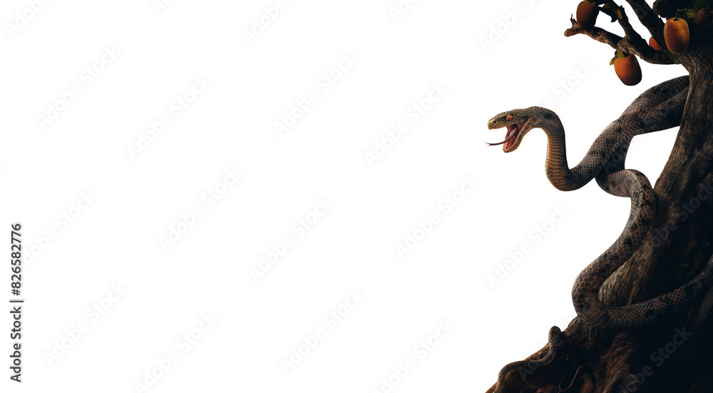 Serpent snake in the biblical Garden of Eden. Snake coiled around the ...