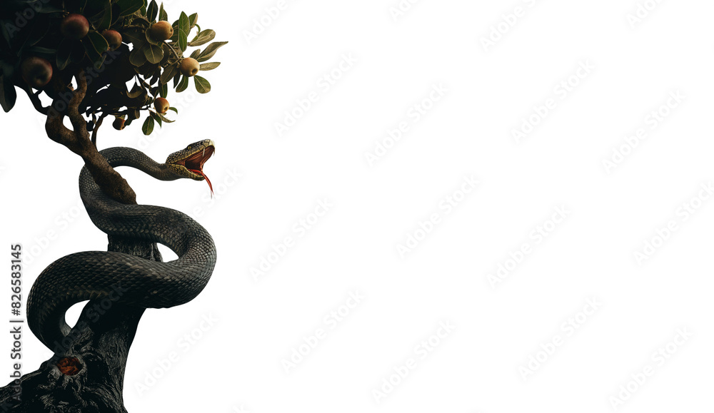 Serpent snake in the Edenic garden. Snake coiled around the trunk of ...