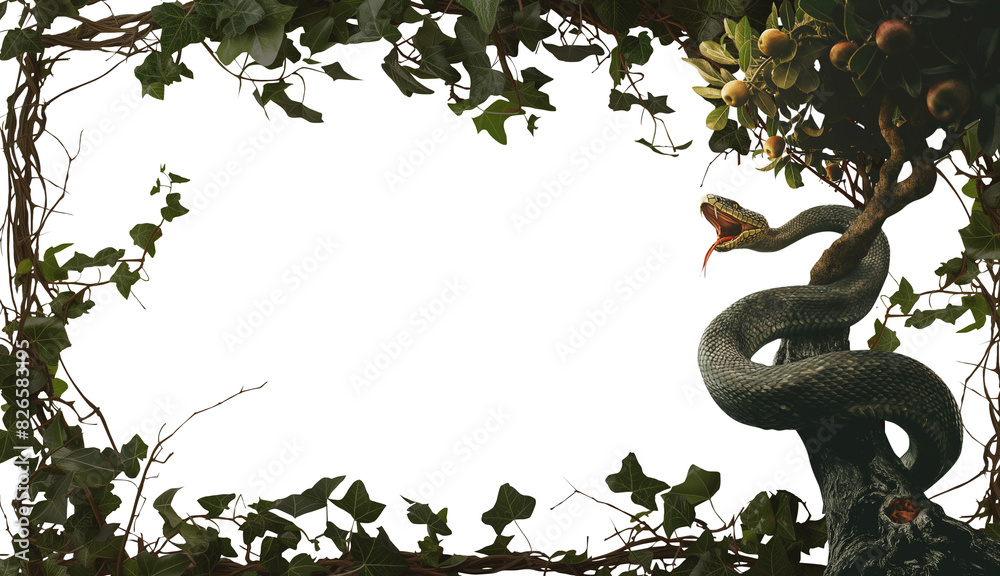 Serpent snake in the garden of Eden. Snake coiled around the trunk of ...