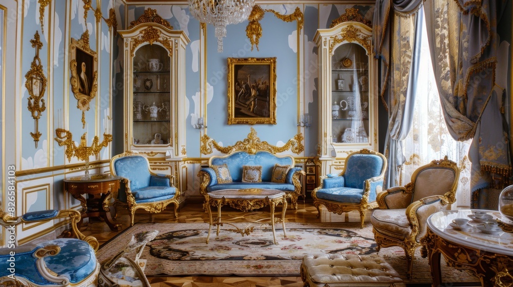 Elegant Rococo-Inspired Living Room: Blue and Gold Color Scheme with ...