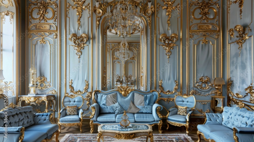 Elegant Rococo-Inspired Living Room: Blue and Gold Color Scheme with ...