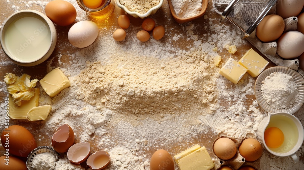 Ingredients Frame with Flour Texture - Fresh eggs, creamy butter, milk ...