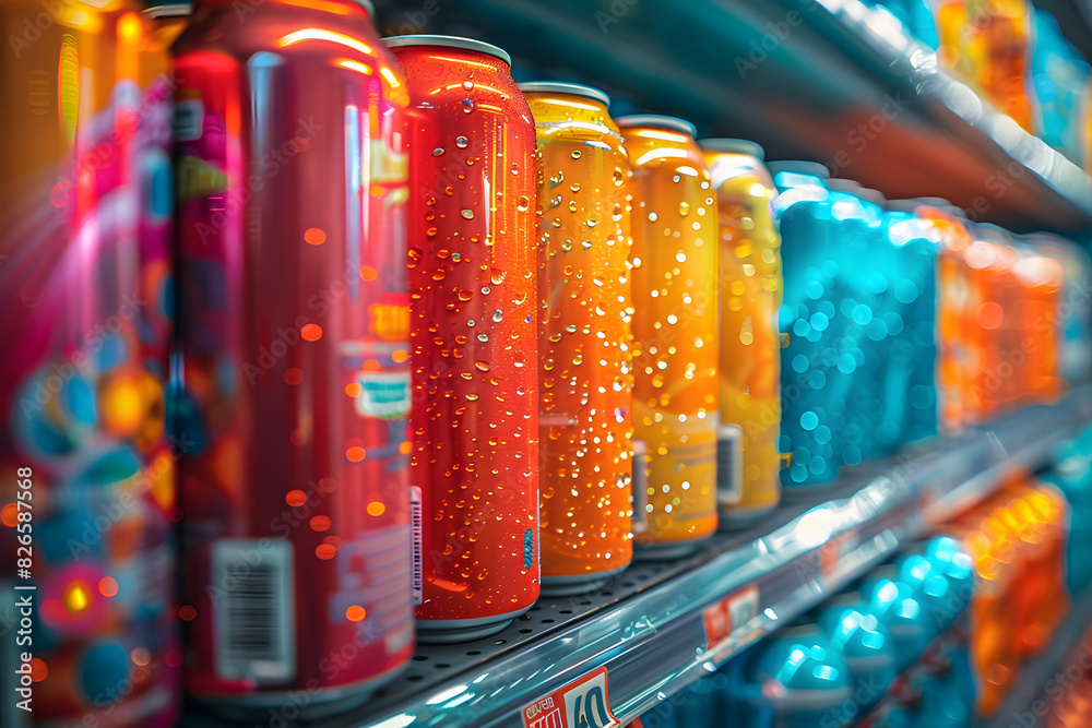 Colorful soda cans on supermarket shelf Stock Photo | Adobe Stock