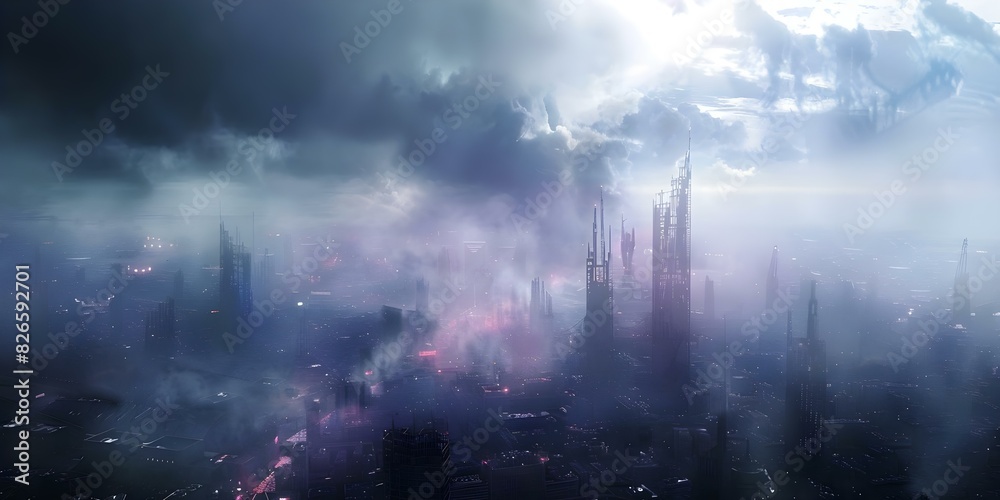Dystopian city with skeletal skyscrapers oppressive atmosphere and ...