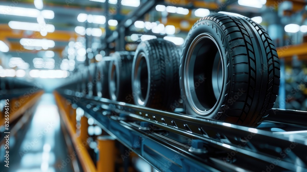 Black tires on the production line in the car workshop with a blurred ...