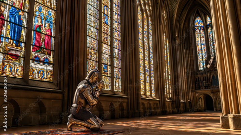 medieval knight kneeling in prayer inside a Gothic cathedral ...