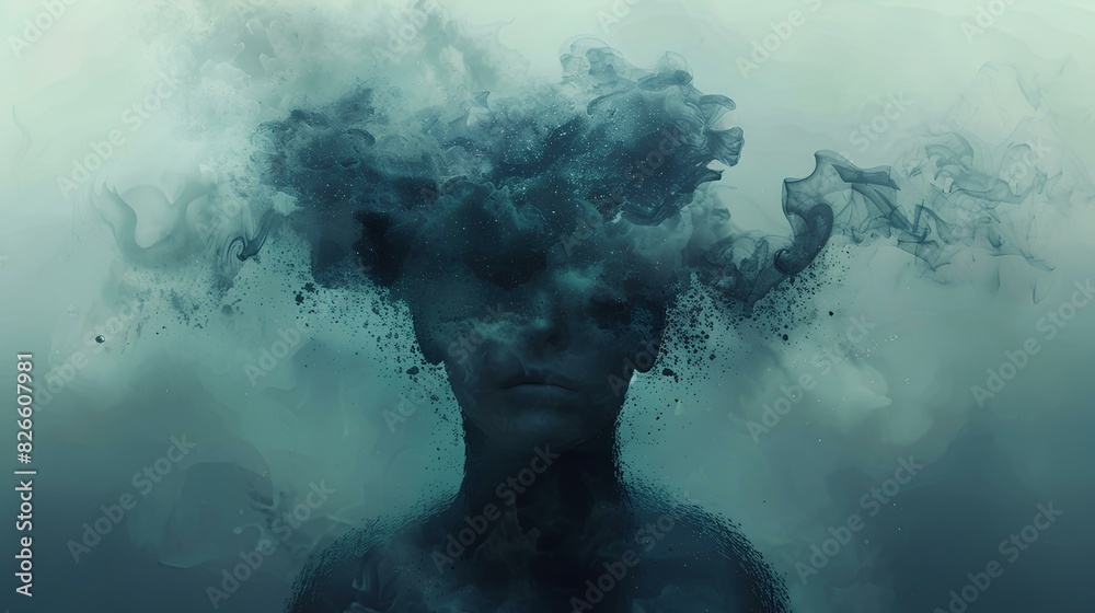 Amidst a backdrop of muted tones, a person is portrayed submerged in a ...