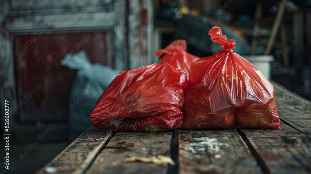Eco-consciousness: 4K HD Wallpaper of Red Plastic Bags with Trash on ...