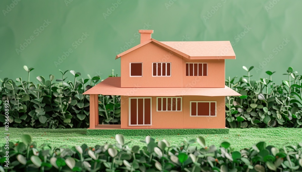 3d paper model house home collage style light brown colors green grass ...