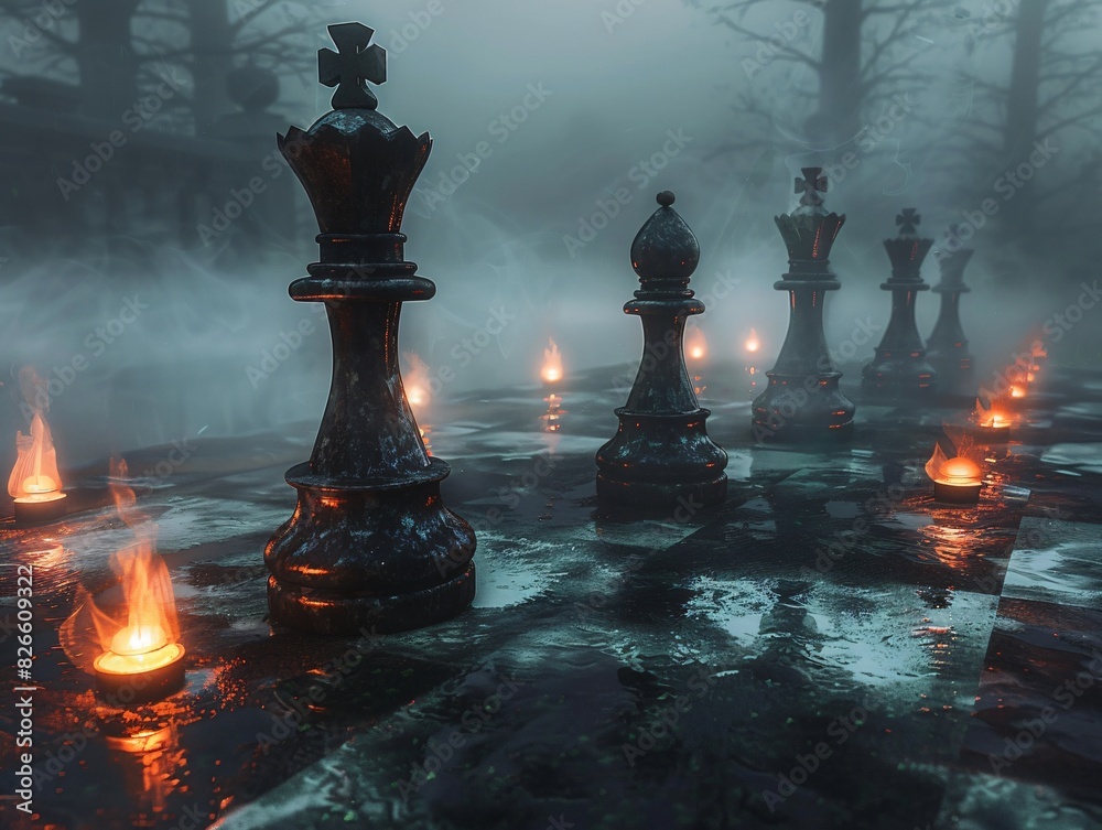 Dramatic Chess Board Scene with Illuminated Pieces and Mystic Fog ...