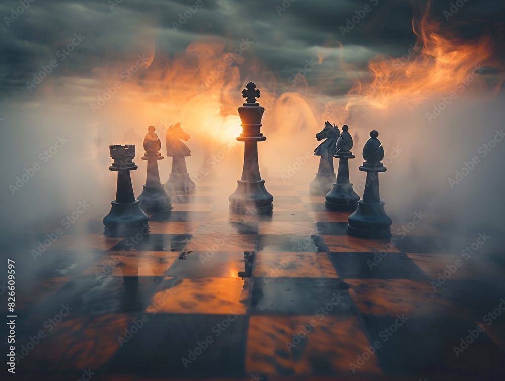 Dramatic Chess Board Scene with Illuminated Pieces and Mystic Fog ...