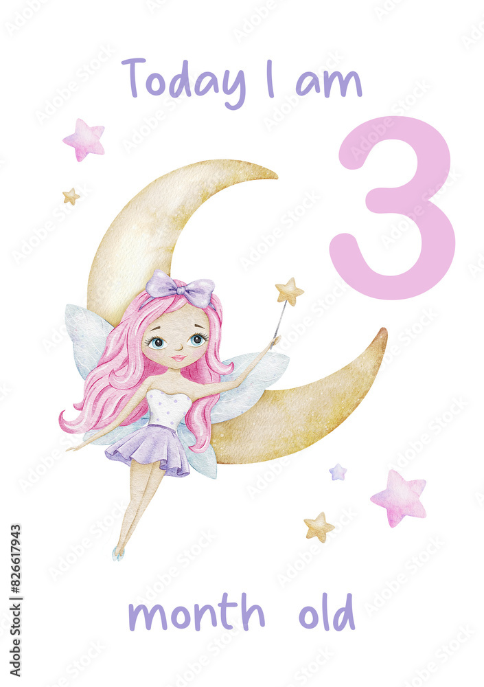 Baby Milestone Card of Cute little fairy, Crescent Moon and butterflies ...