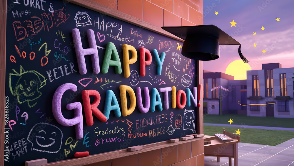 Celebratory graduation theme with chalkboard featuring the message ...