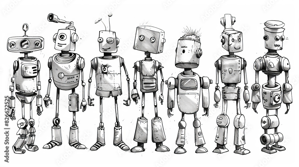 vintage toy robots, ink drawing, character sheet, different poses, 2D ...