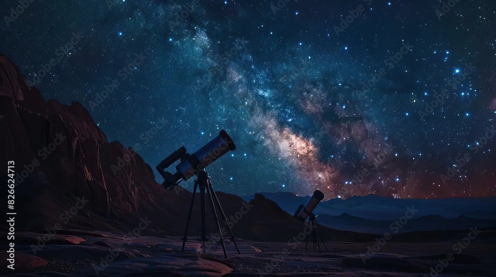 Night sky observing in a remote desert, telescopes pointed at the Milky ...