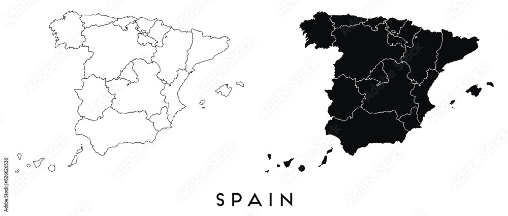 Spain map of city regions districts vector black on white and outline ...