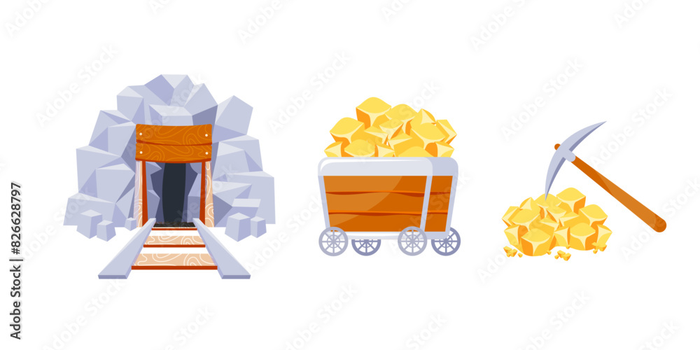 Mining icon set. Gold Mine tools. Pile of Valuable Minerals and Trolley ...