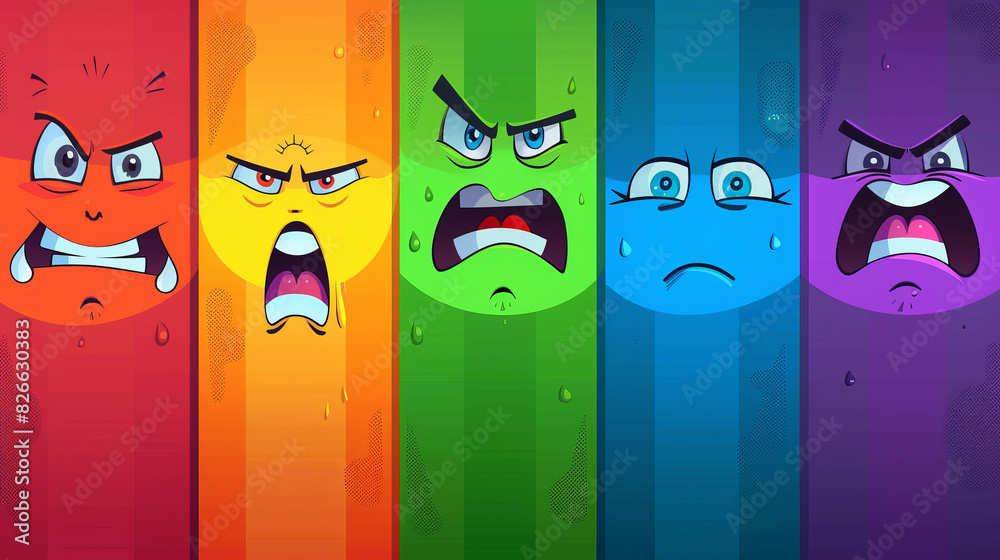 Spectrum of Emotions: Comic Style Faces in Rainbow Arrangement Stock ...