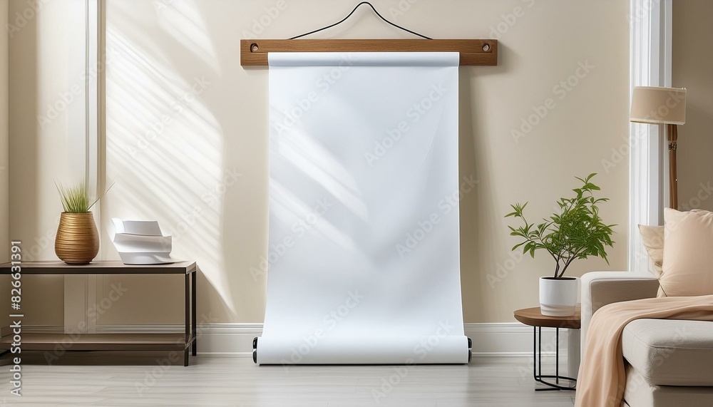 Mockup of a white paper roll hanging on the wall side view with a ...