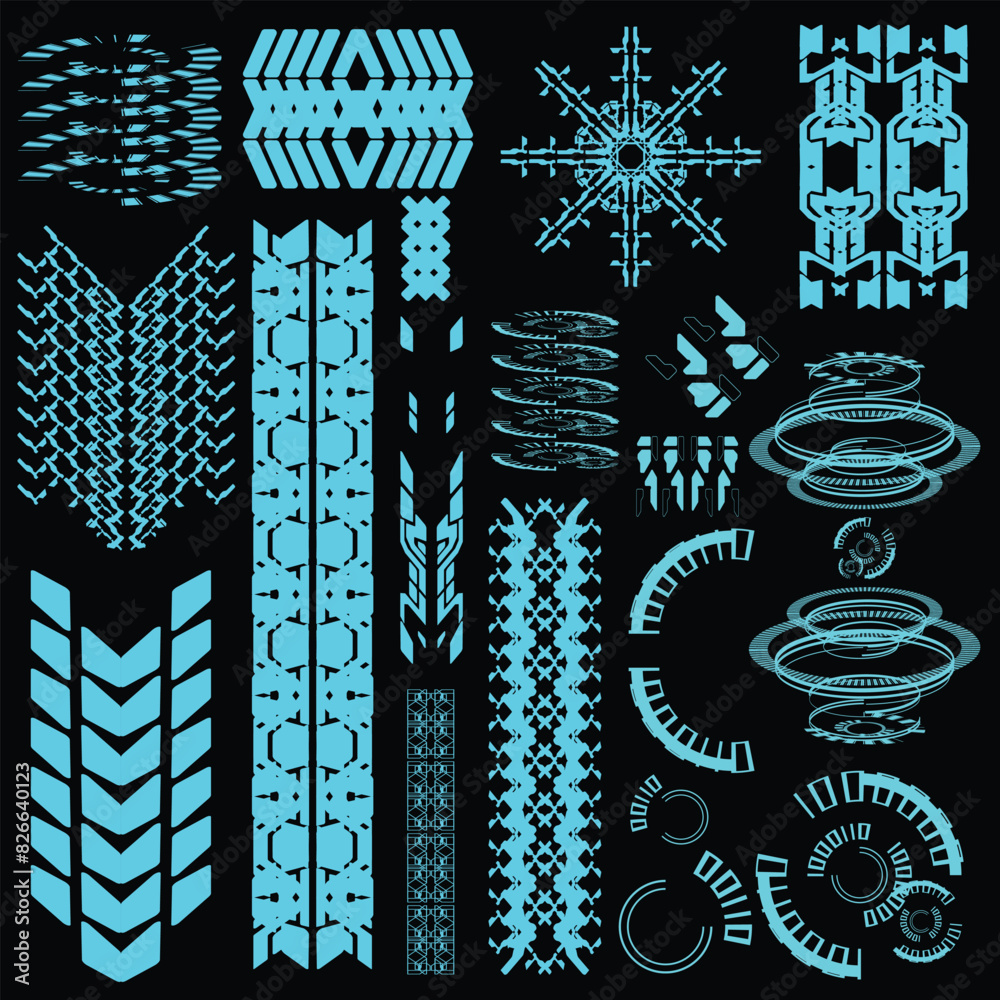 cyberpunk scifi gaming futuristic icon pattern HUD ux ui set collection ...