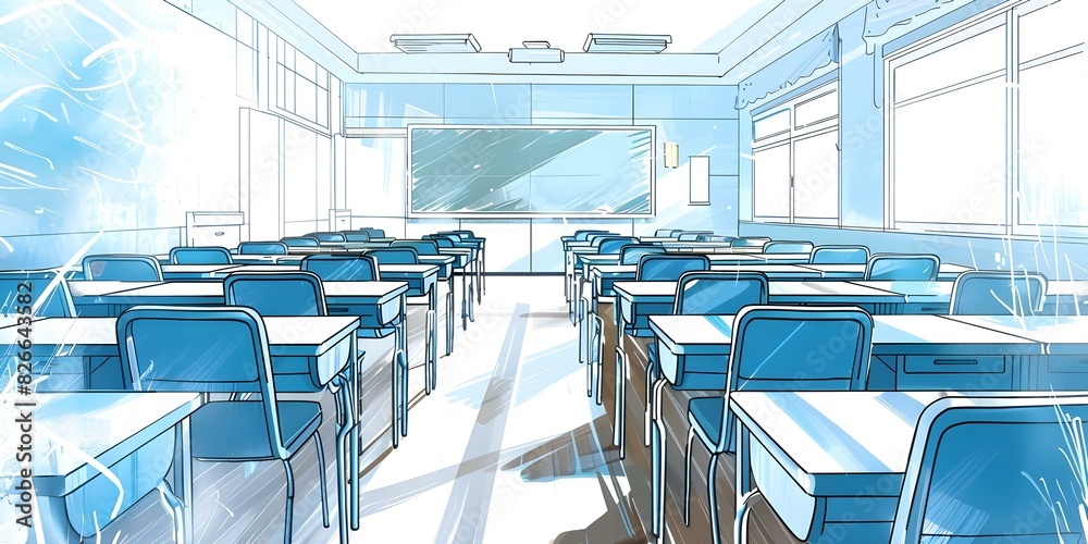 A looping animation of a classroom with desks and a chalkboard. Concept ...