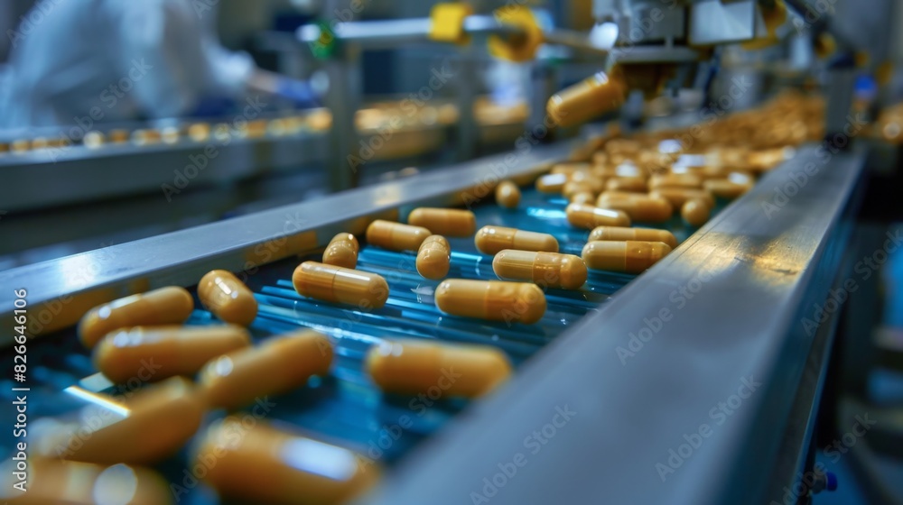 Pharmaceutical capsules move along a conveyor belt in a factory where ...