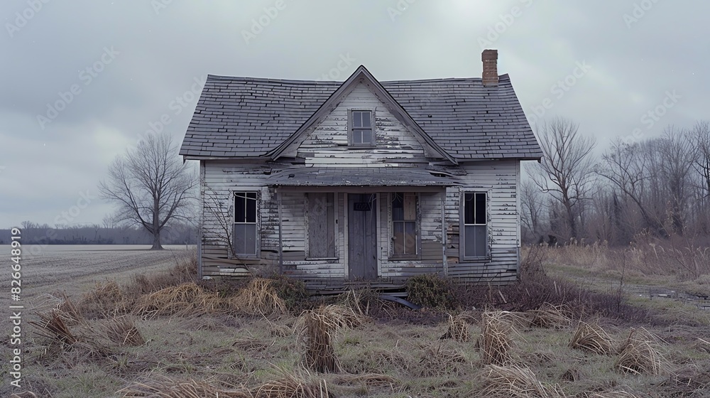 Abandoned rural house with weathered walls and overgrown yard under a ...