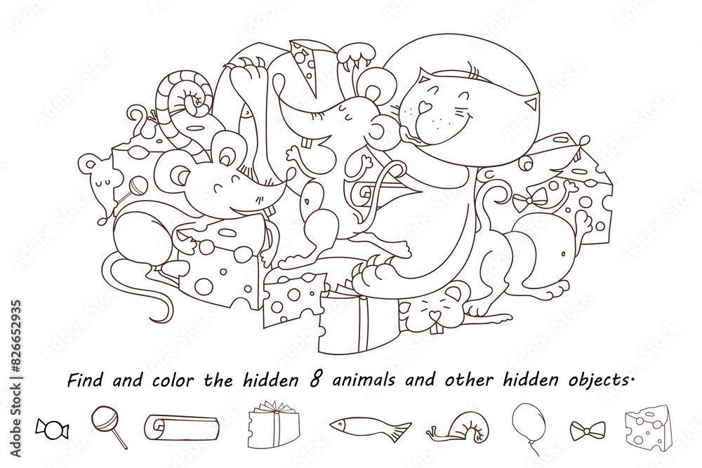 Find and color hidden objects. Funny cat and rats among cheeses ...