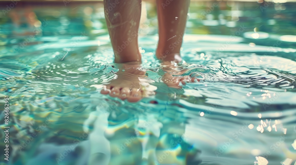 ภาพประกอบสต็อก Child's feet kicking the water, generating ripples in a ...