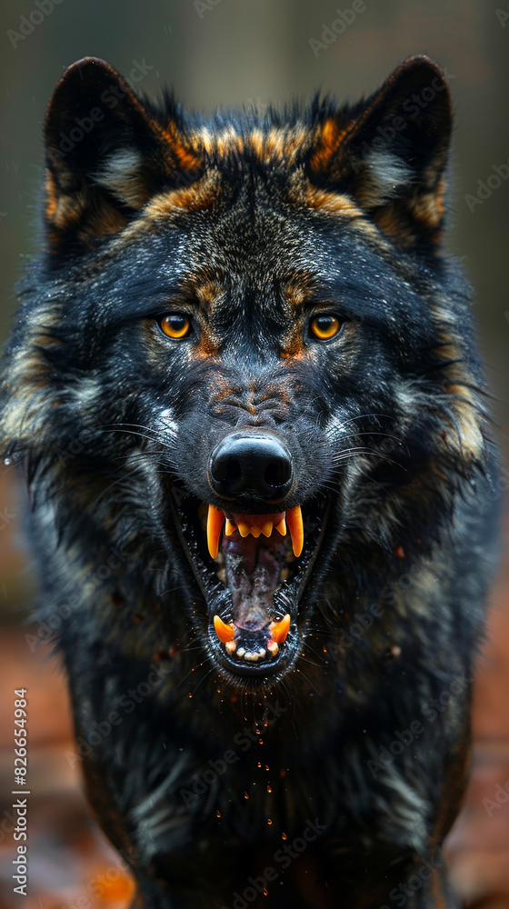 Foto de Fierce Black Wolf Roaring with Bared Teeth, Closeup in Blurry ...